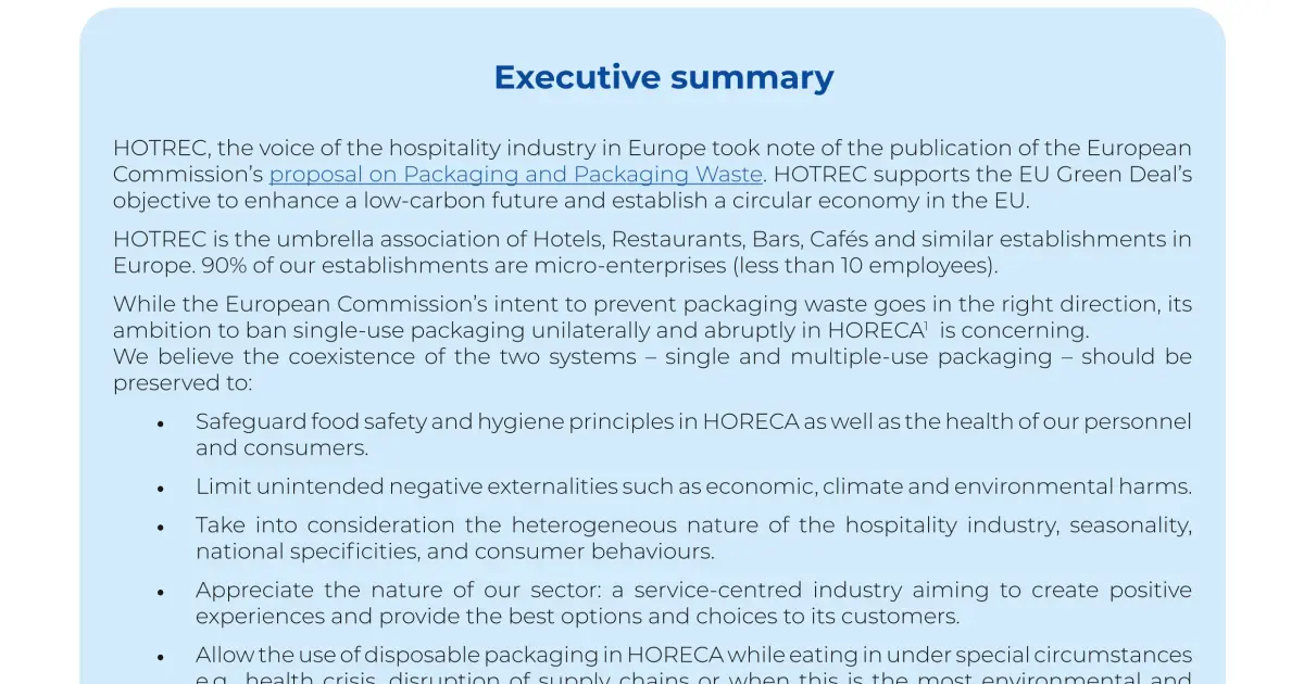 HOTREC Position paper on Packaging and Packaging Waste | HOTREC ...
